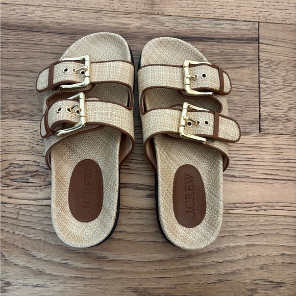 J. Crew | Shoes | J Crew Tan And Gold Double Buckle Slides | Poshmark